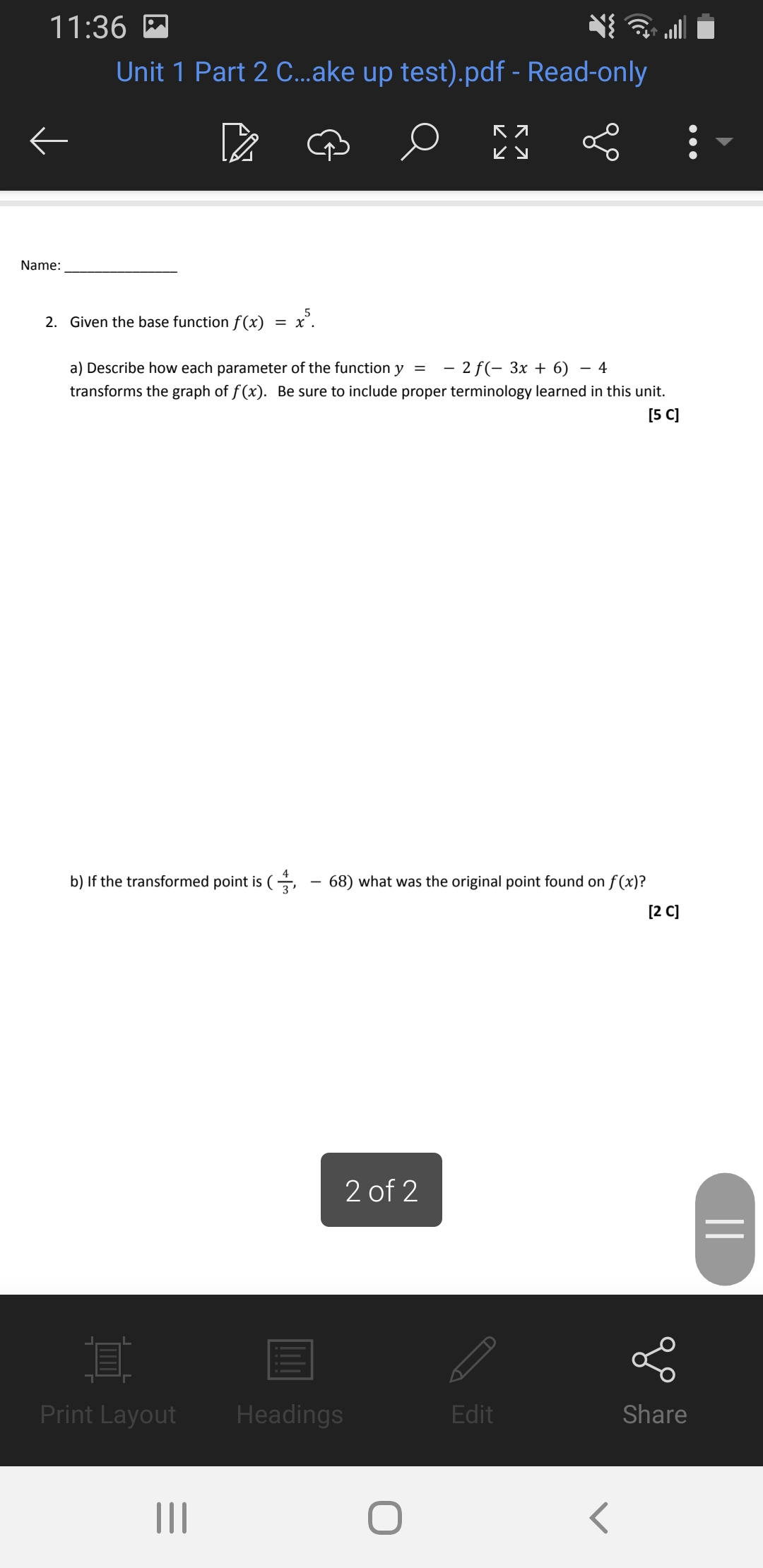 Solved 2. Given the base function f(x)=x5. a) Describe how | Chegg.com