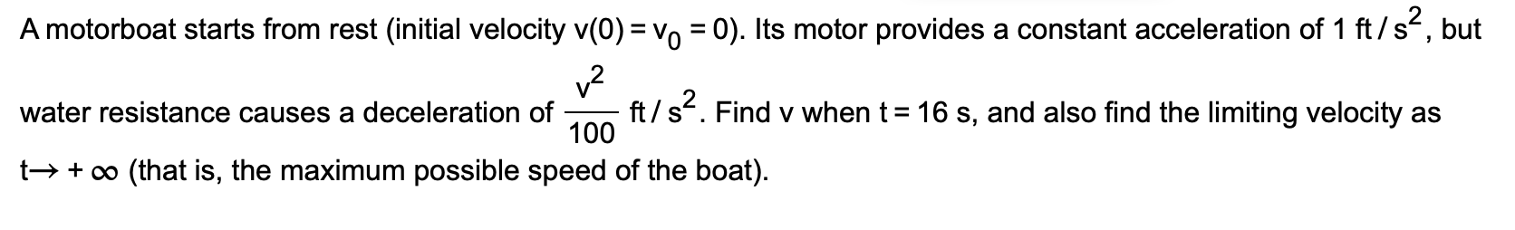 Solved A motorboat starts from rest (initial velocity v(0) = | Chegg.com
