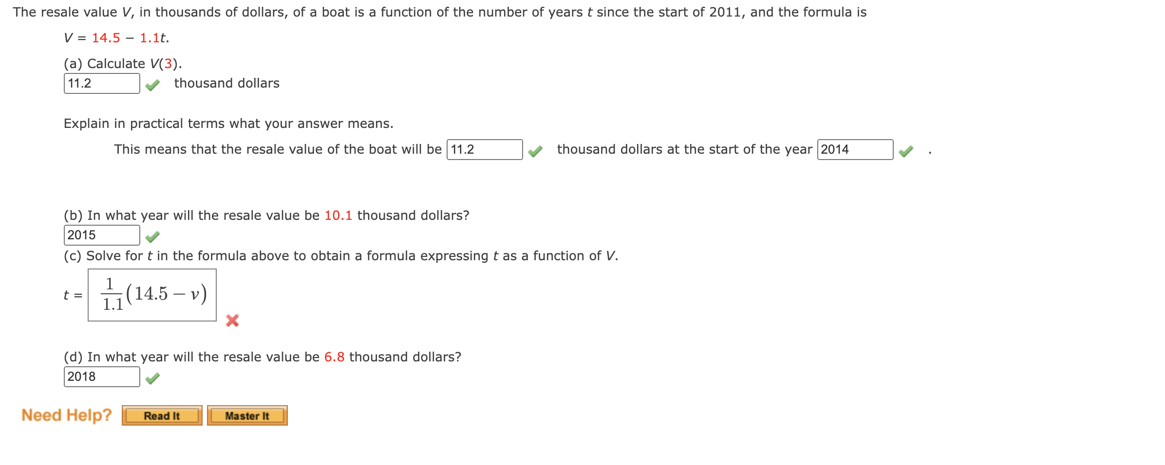 Solved The resale value V, in thousands of dollars, of a | Chegg.com