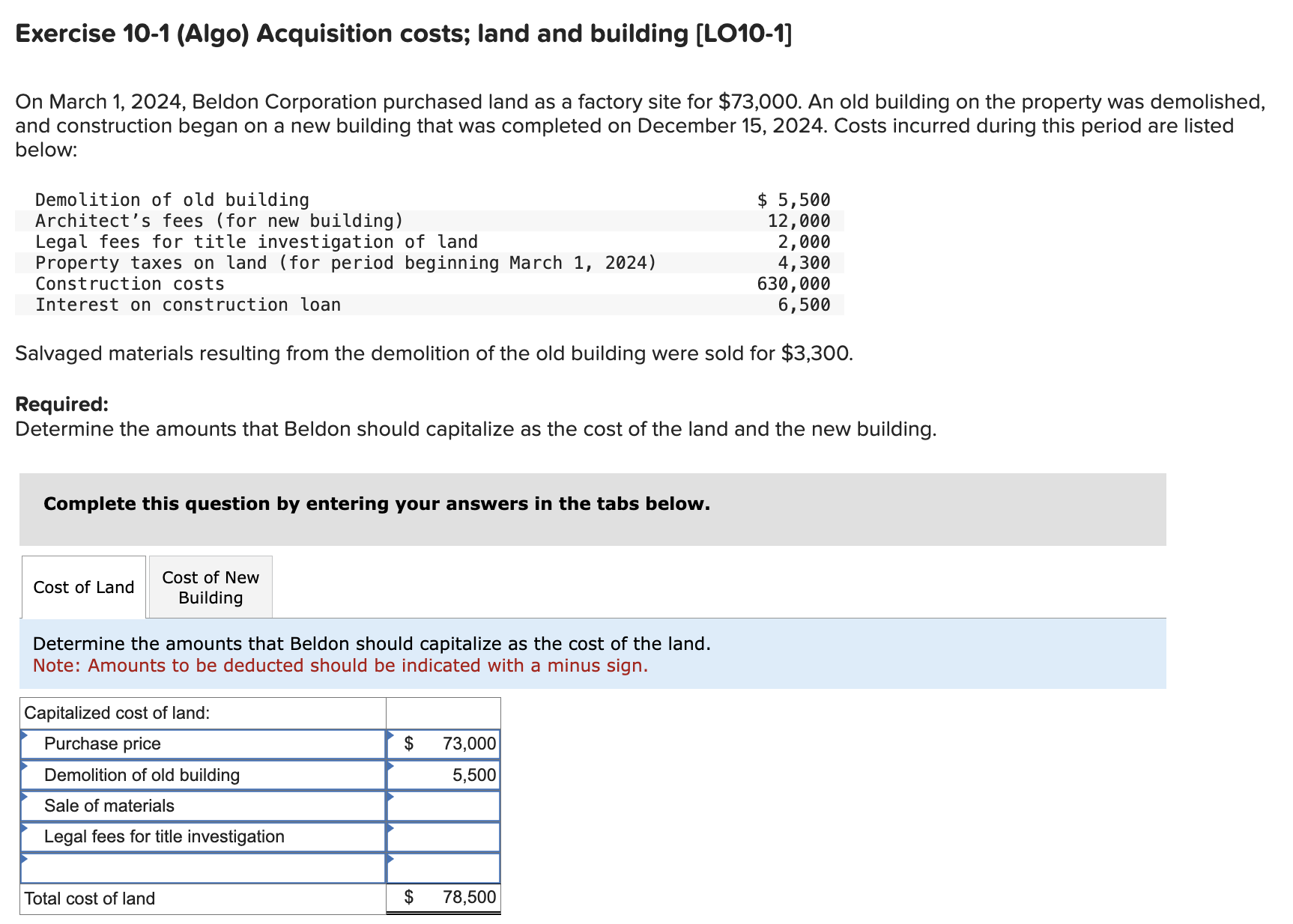 Solved Exercise 10-1 (Algo) ﻿Acquisition costs; land and | Chegg.com