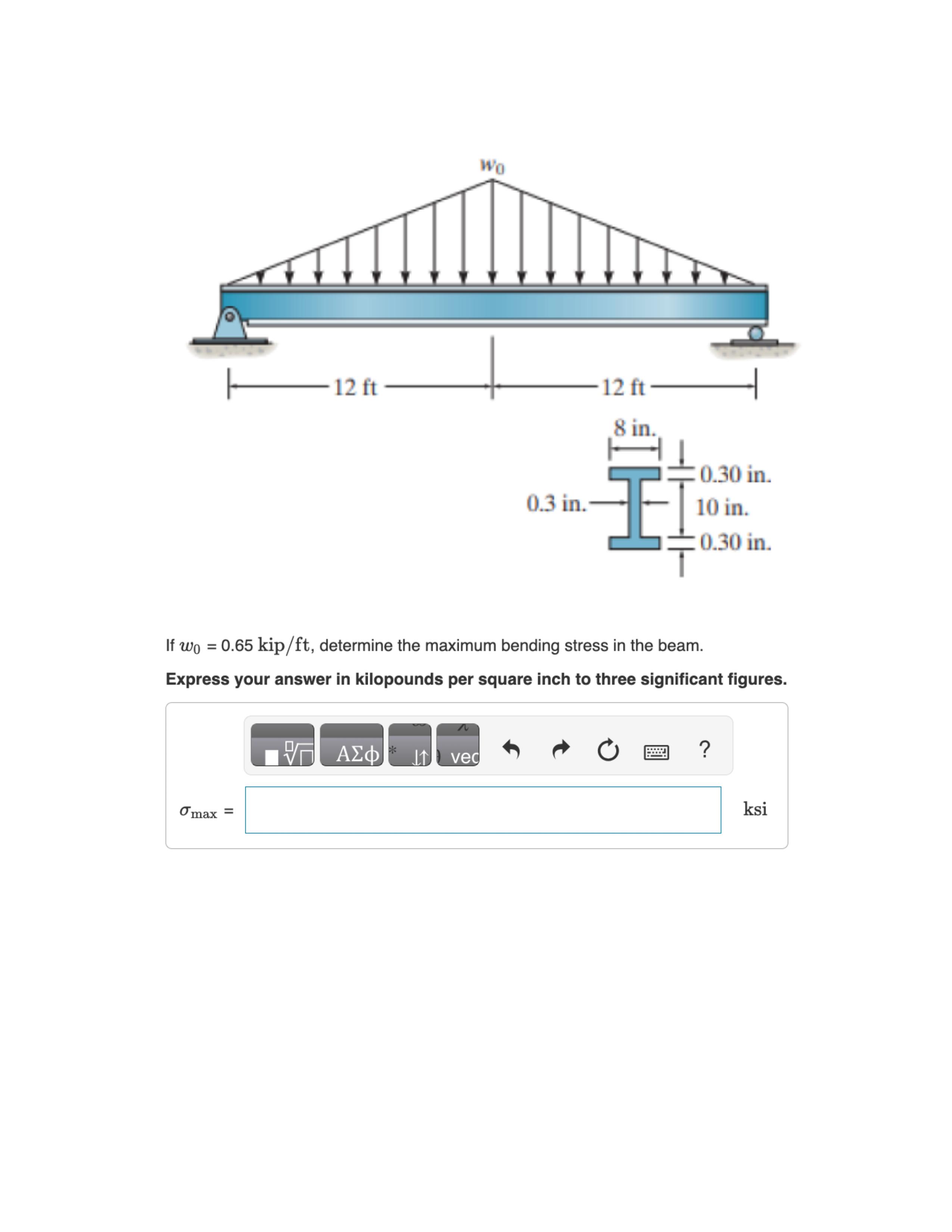 Solved If w0=0.65kip/ft, determine the maximum bending | Chegg.com