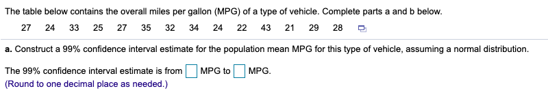 Solved The table below contains the overall miles per gallon | Chegg.com