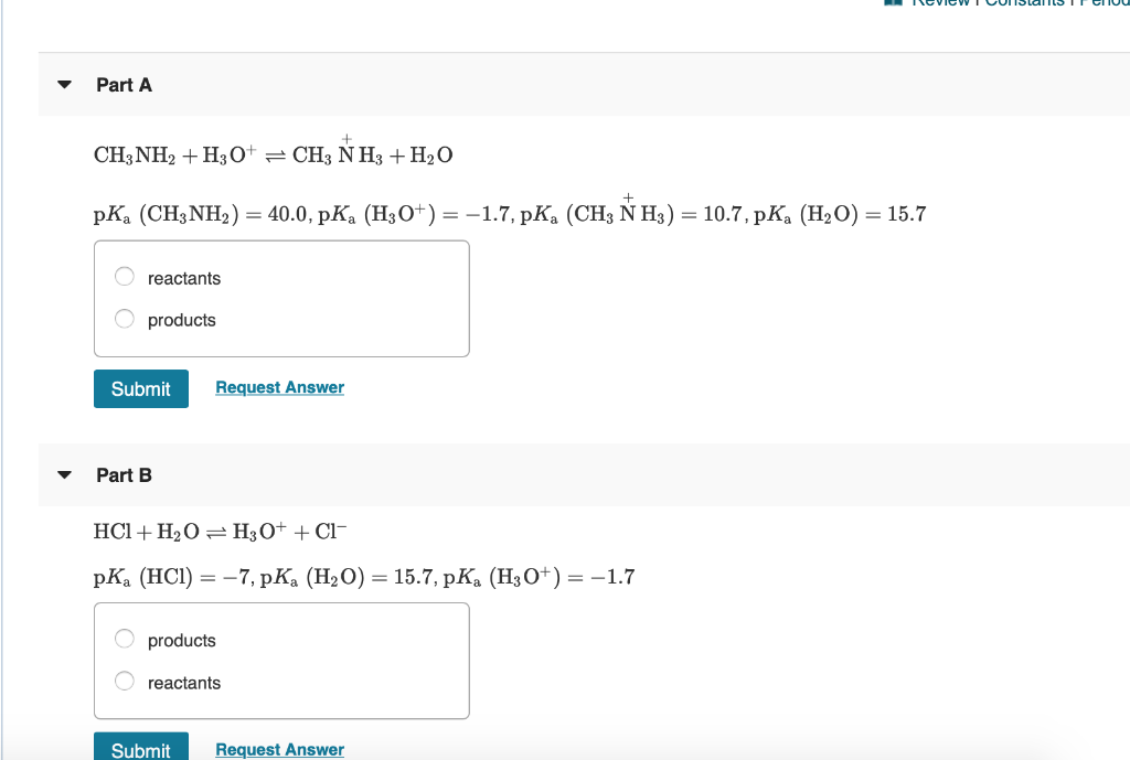 Solved Part A CH3NH2 + H3O+ = CH3 NH3 +H2O pK(CH3NH2) = | Chegg.com
