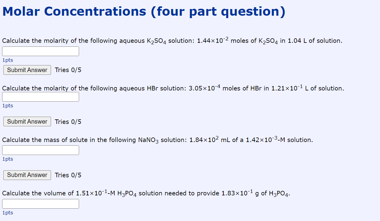 Solved Molar Concentrations (four part question) Calculate | Chegg.com