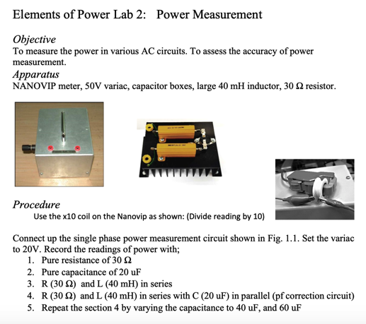 Elements of Power Lab 2: Power Measurement Objective | Chegg.com