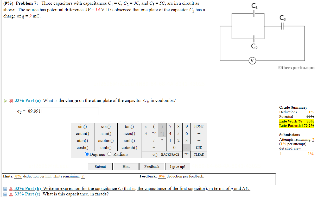 Solved (9\%) Problem 7: Three capacitors with capacitances | Chegg.com Solved (9\%) Problem 7: Three capacitors with capacitances | Chegg.com