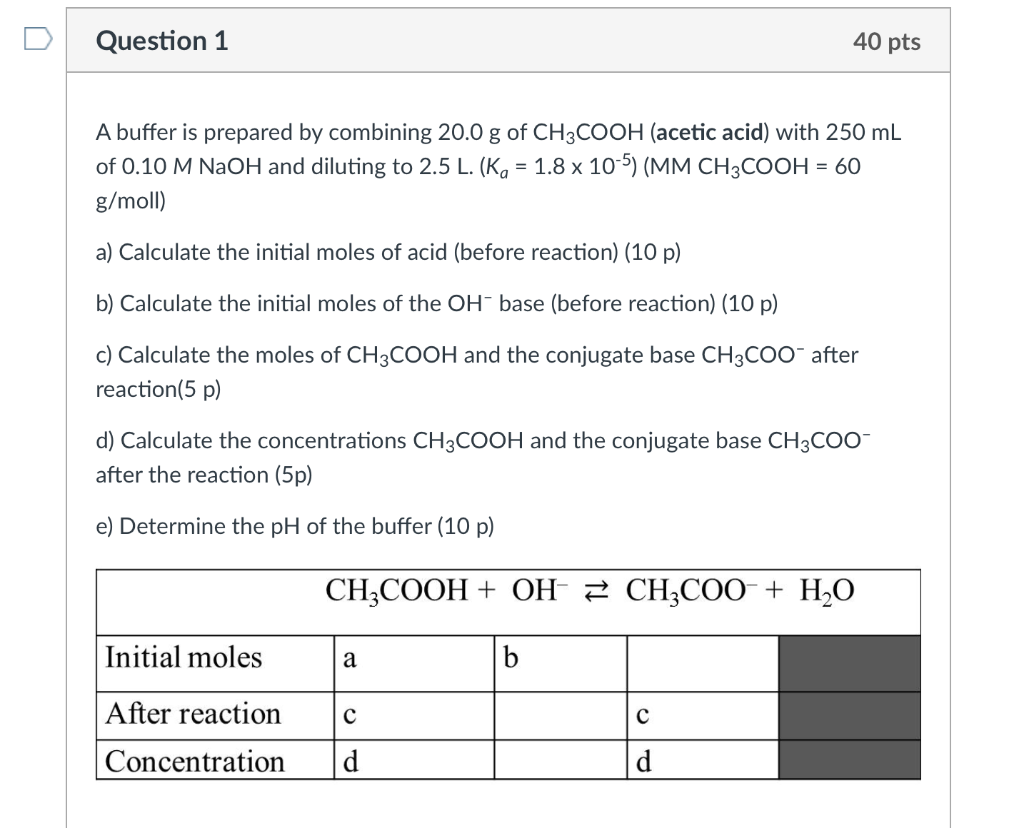 Solved Question 1 40 pts A buffer is prepared by combining | Chegg.com