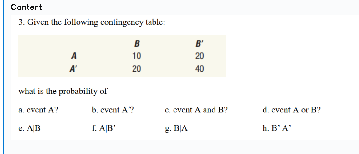 Solved Content 3. Given the following contingency table: A A | Chegg.com