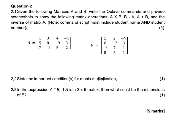 Solved Question 2 21given The Following Matrices A 