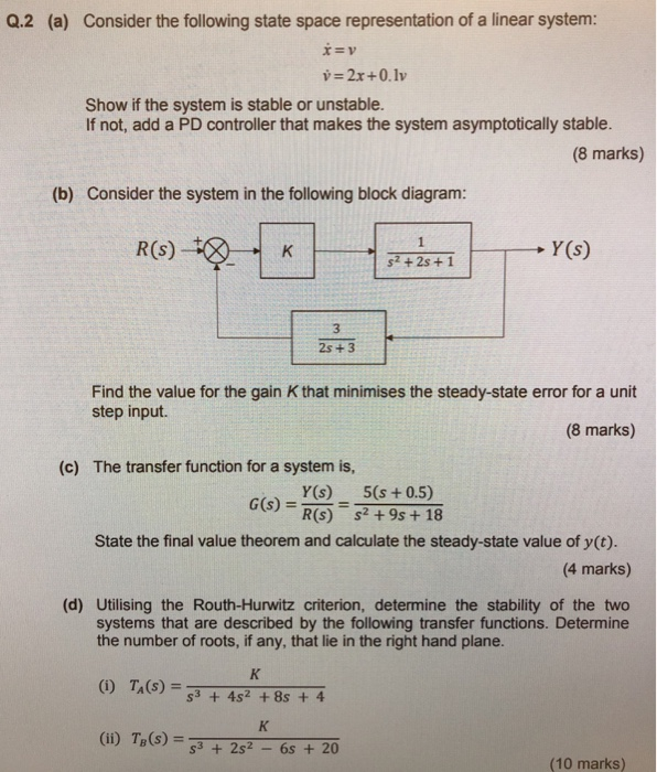 Solved Consider the following state space representation of | Chegg.com