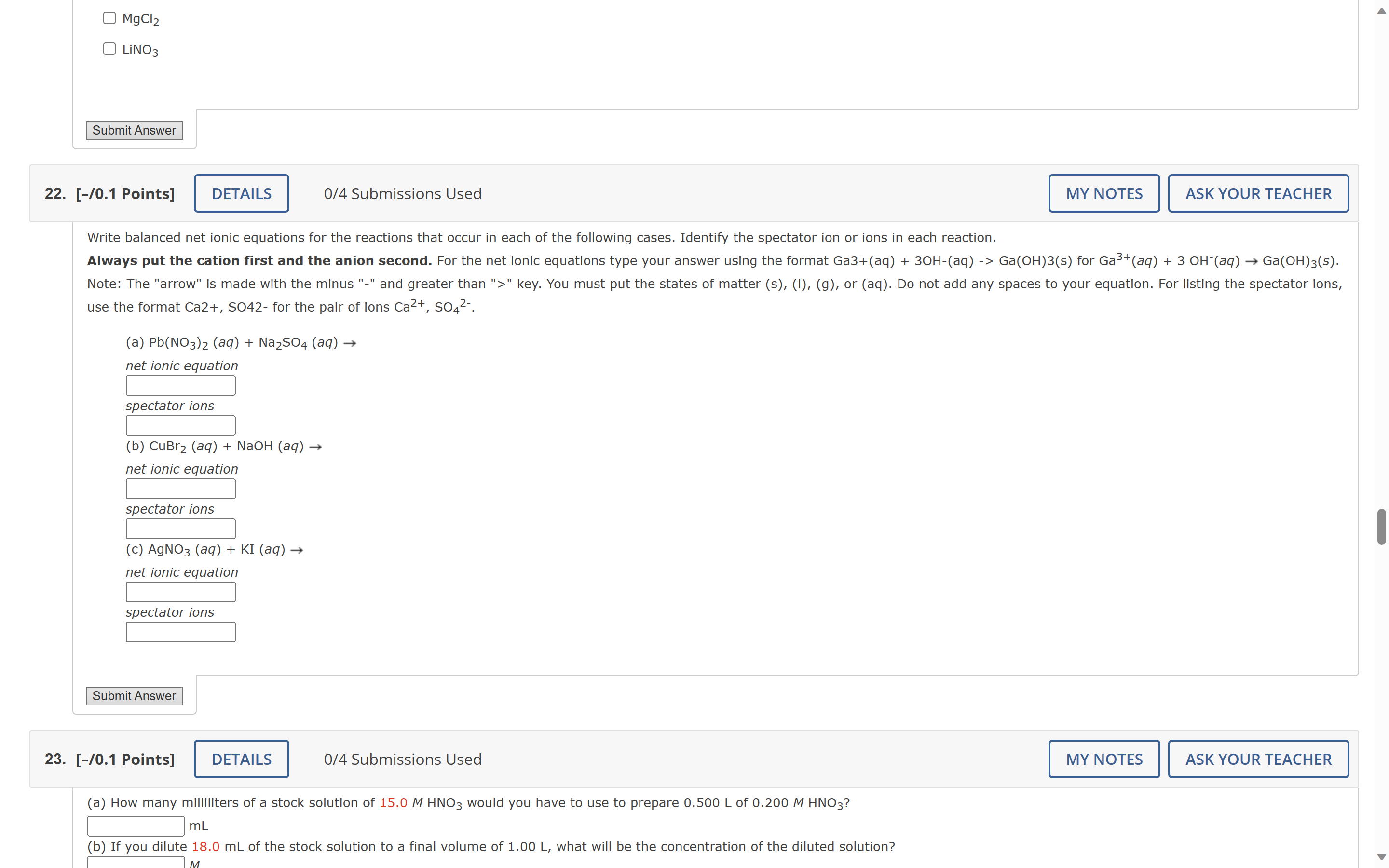 Solved MgCl2 LiNO3 [−/0.1 Points] 0/4 Submissions Used Write | Chegg.com