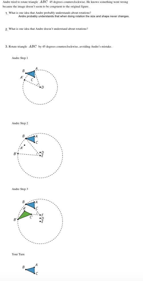 Solved Andre tried to rotate triangle ABC 45 degrees | Chegg.com