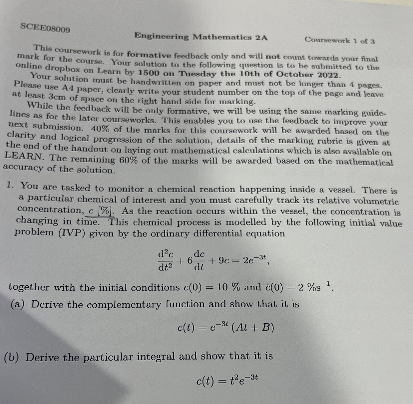 Solved Engineering Mathematics 2A Coursework 1 of 3 This | Chegg.com