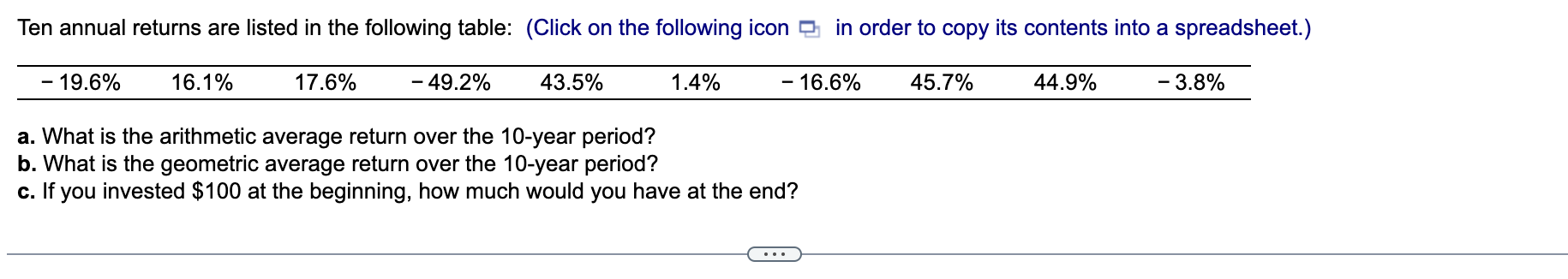 Solved a. What is the arithmetic average return over the 10 | Chegg.com