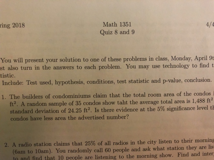 Solved 4/4 Math 1351 Quiz 8 and 9 ring 2018 You will present | Chegg.com