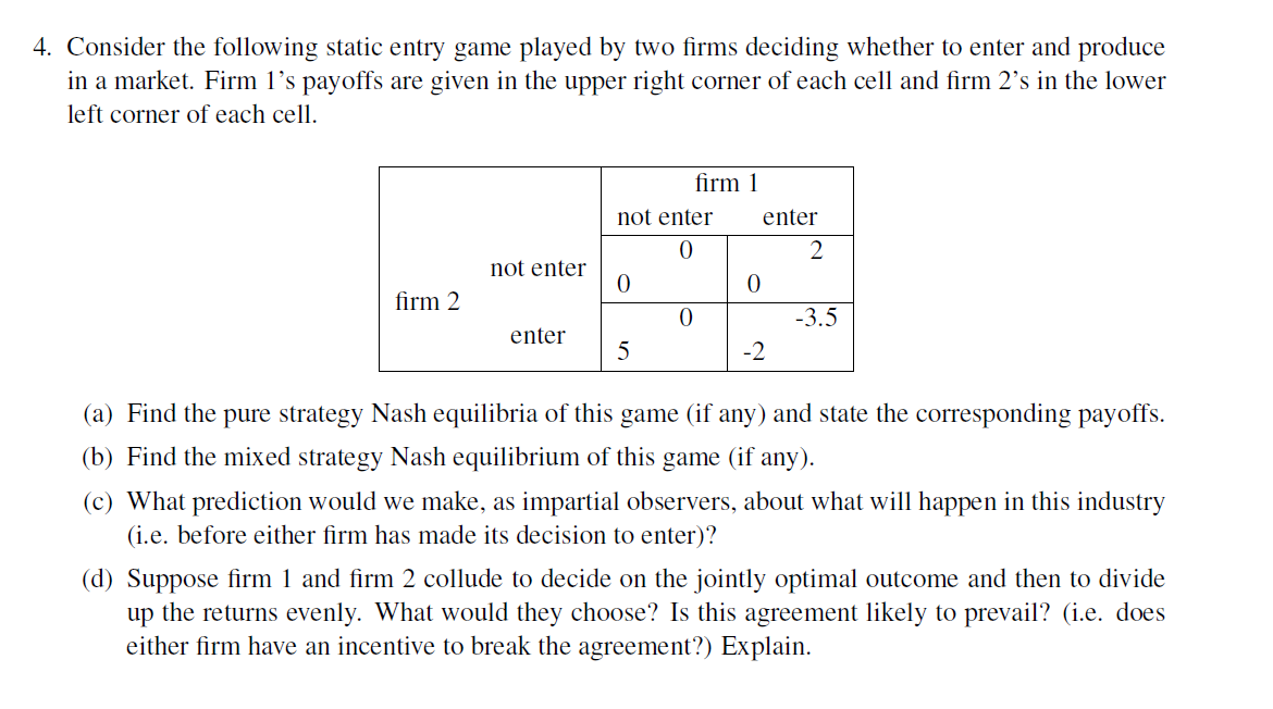 Solved 4. Consider the following static entry game played by | Chegg.com
