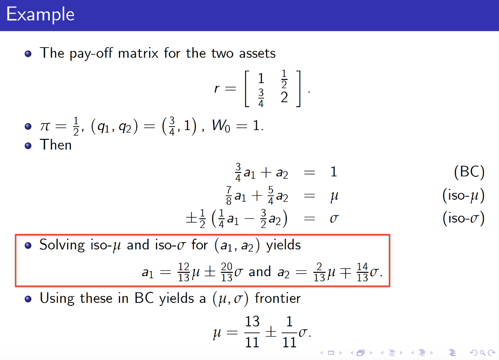 Solved Example • The pay-off matrix for the two assets 1 r = | Chegg.com