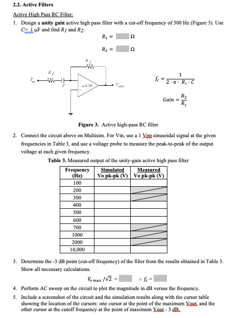 Solved 2.2. Active Filters Active High Pass RC Filter: 1. | Chegg.com