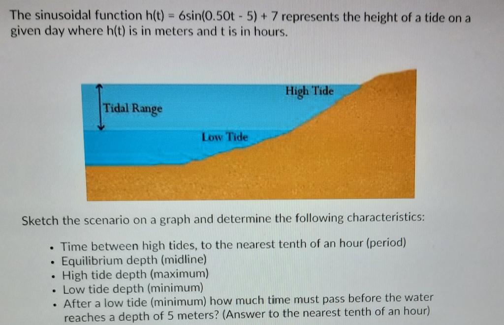 Solved The sinusoidal function h(t) = 6sin(0.50t - 5) + 7 | Chegg.com