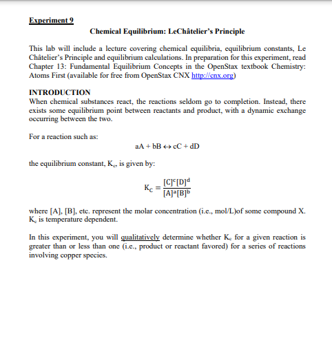 Experiment 2 Chemical Equilibrium: LeChâtelier's | Chegg.com