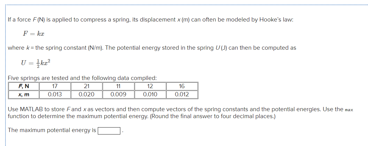 Solved If a force F(N) is applied to compress a spring, its | Chegg.com