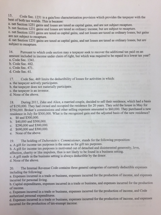 Solved 15. Code Sec. 1231 is a gainMoss characterization | Chegg.com
