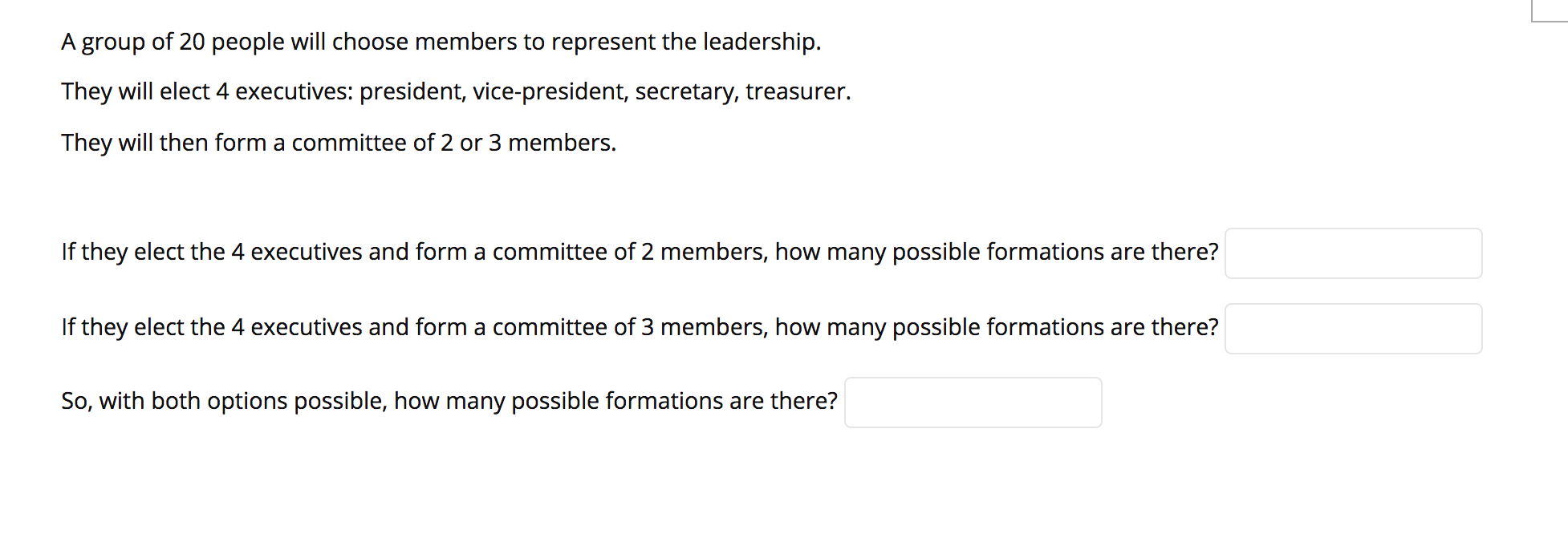 Solved A group of 20 people will choose members to represent | Chegg.com