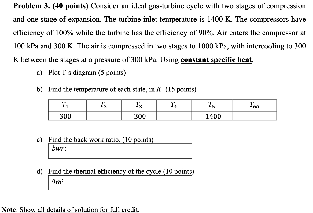Solved Problem 3. (40 points) Consider an ideal gas-turbine | Chegg.com