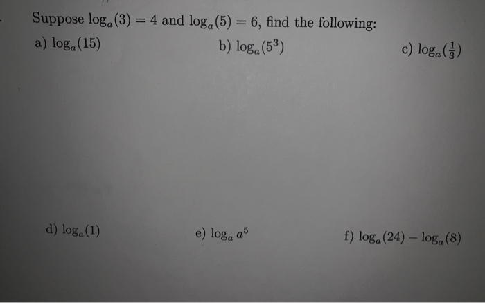 Solved Suppose loga (3) 4 and loga (5) a) loga (15) 6, find | Chegg.com