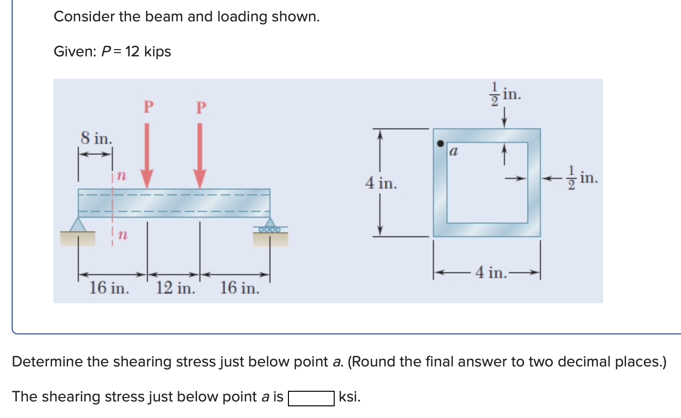 Solved Consider the beam and loading shown. Given: P= 12 | Chegg.com