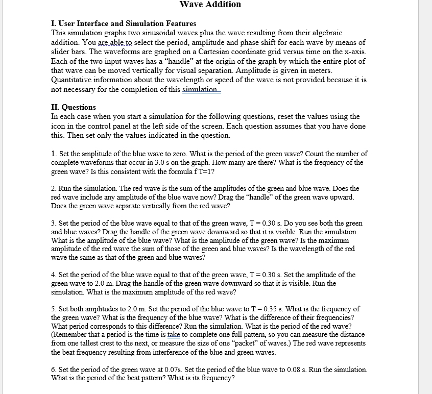 Wave Addition I. User Interface and Simulation | Chegg.com