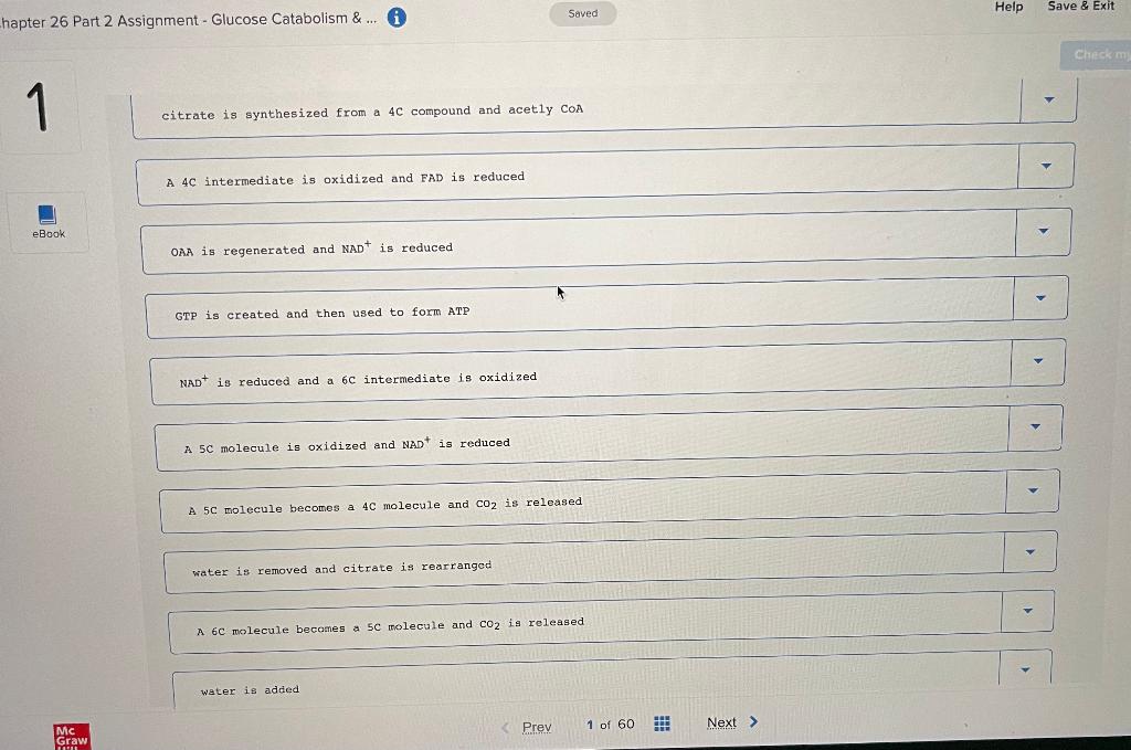 Solved Place the steps of the Krebs cycle in the correct | Chegg.com