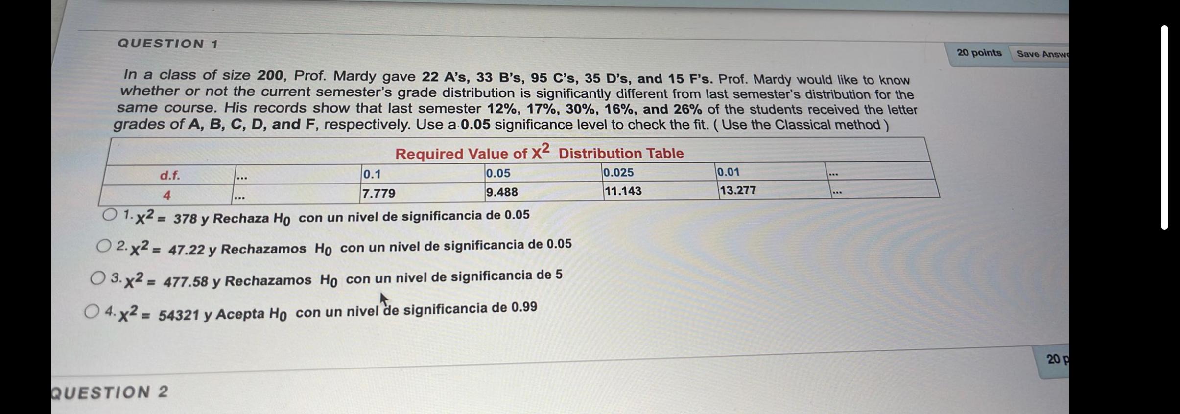 Solved QUESTION 1 20 points Save Answ 0.1 0.05 0.01 In a | Chegg.com