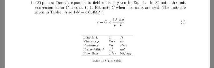 Solved 1. (20 points) Darcy's equation i field units is give | Chegg.com