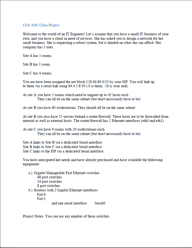 CGS 4285 Class Project Site A Hast per Room Router | Chegg.com