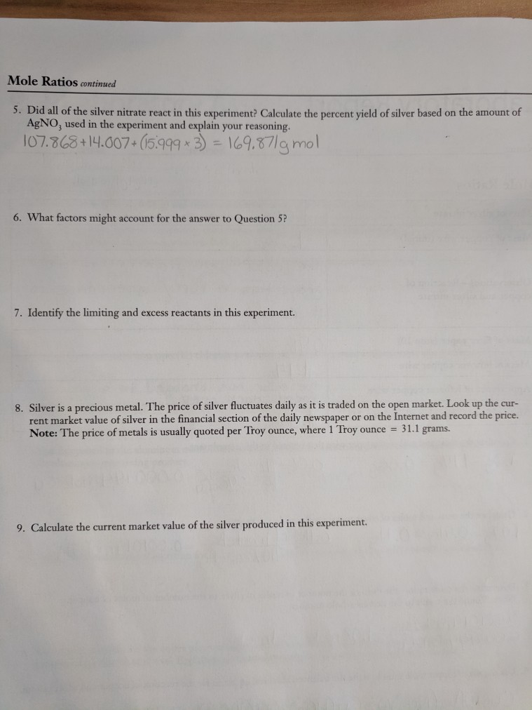 Solved Mole Ratios continued 5. Did all of the silver | Chegg.com