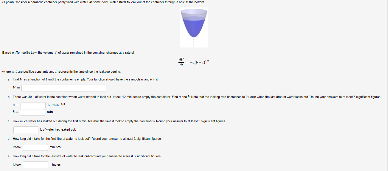 Solved (1 point) Consider a parabolic container partly | Chegg.com
