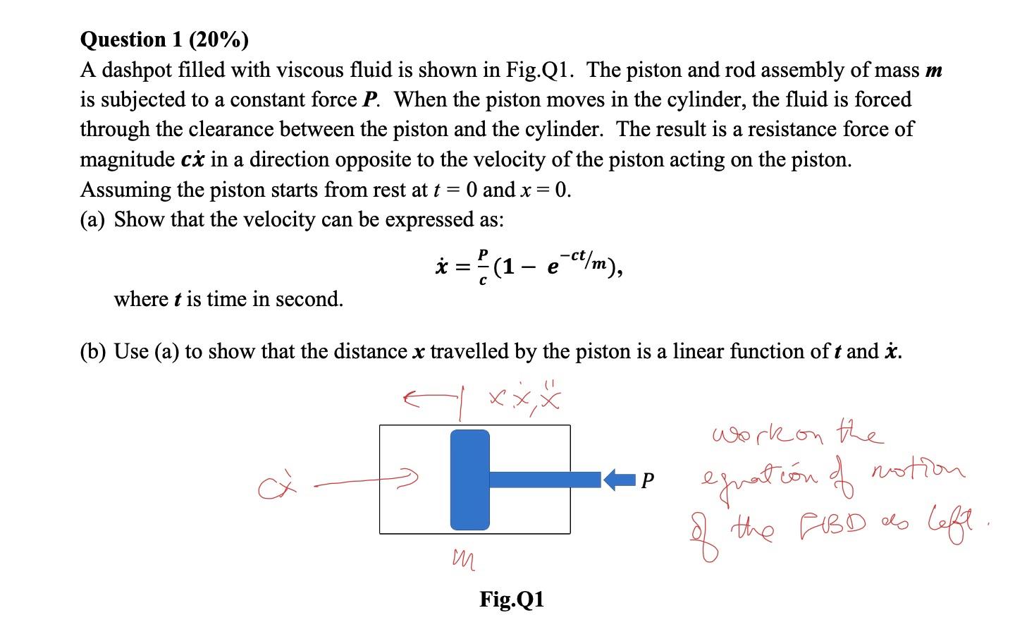 Solved Question 1 (20\%) A dashpot filled with viscous fluid | Chegg.com