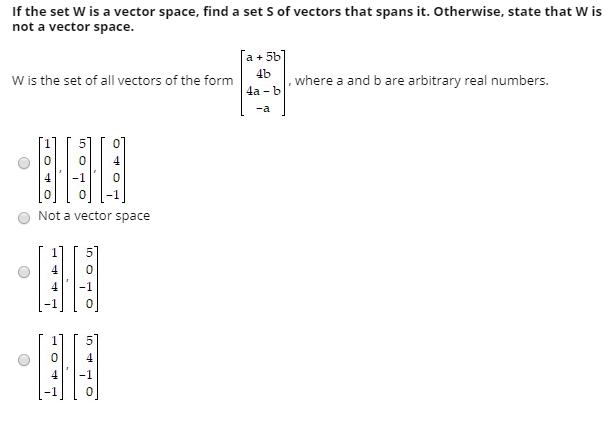 Solved If the set W is a vector space, find a set 5 of | Chegg.com