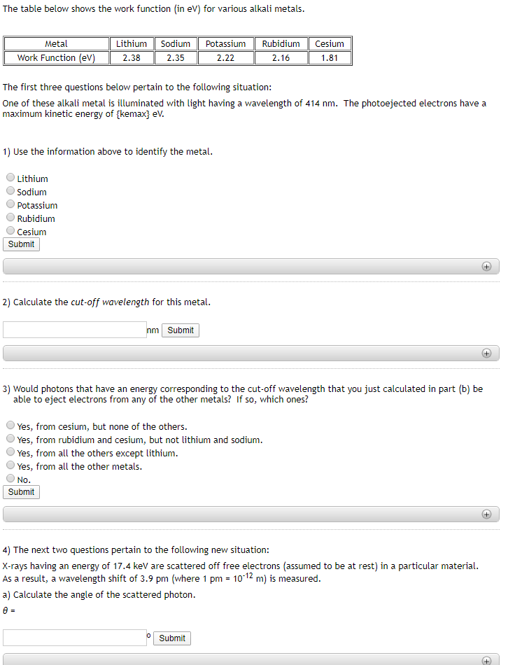 Solved The table below shows the work function (in eV) for | Chegg.com