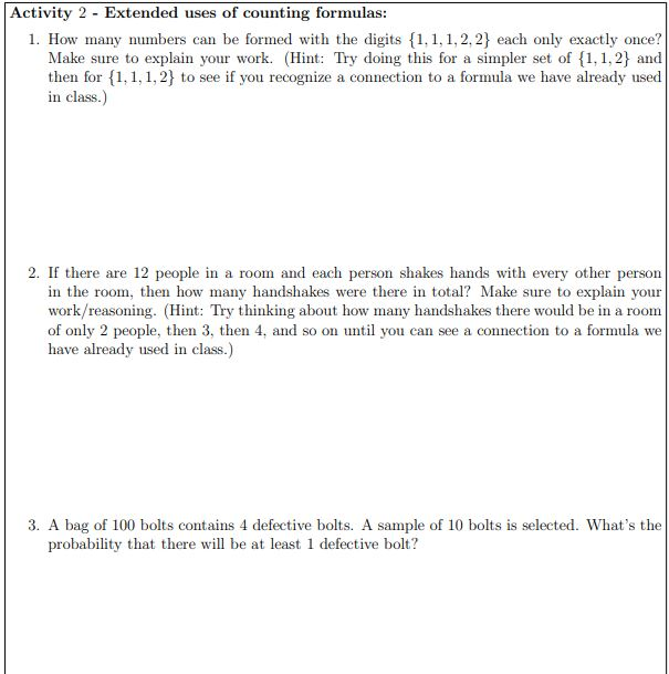 Solved Activity 2 - Extended uses of counting formulas: 1. | Chegg.com