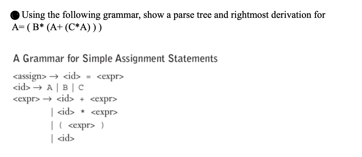 Solved Using the following grammar, show a parse tree and | Chegg.com