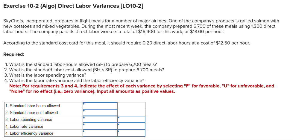 Solved Exercise 10-2 (Algo) Direct Labor Variances [LO10-2] | Chegg.com