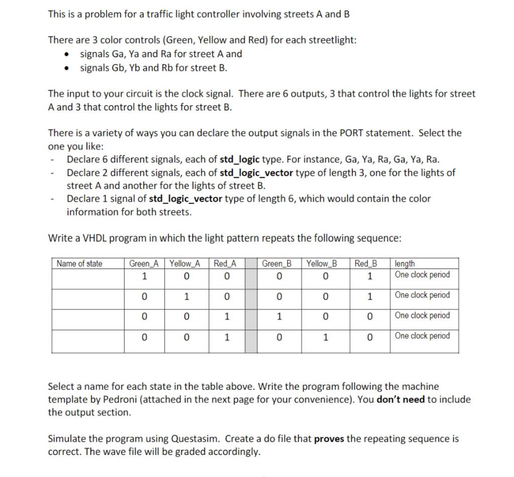 Solved This is a problem for a traffic light controller | Chegg.com