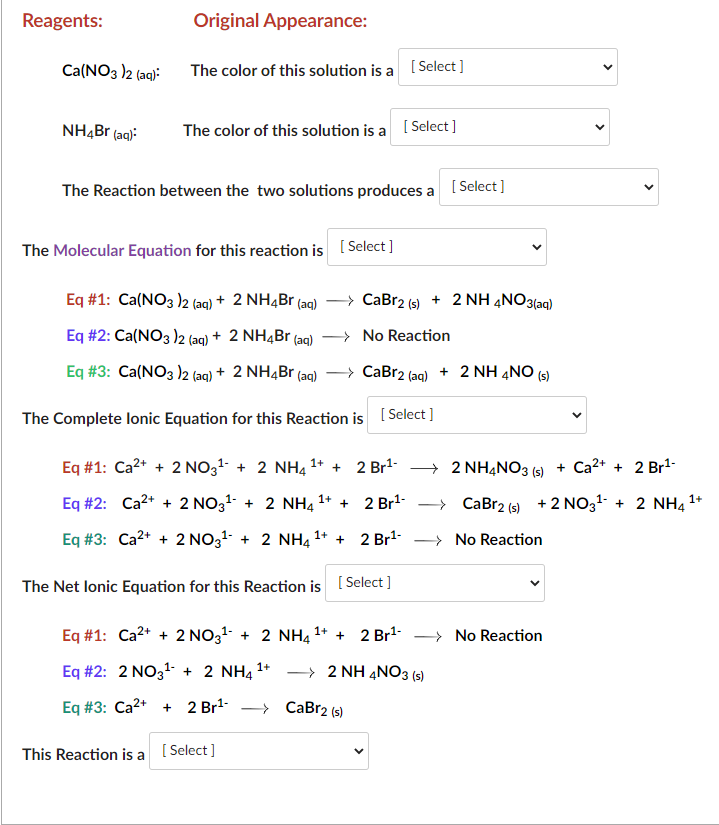 Solved Reagents: Original Appearance:
