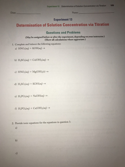 Solved Experiment 13 Determination of Solution Concentration | Chegg.com