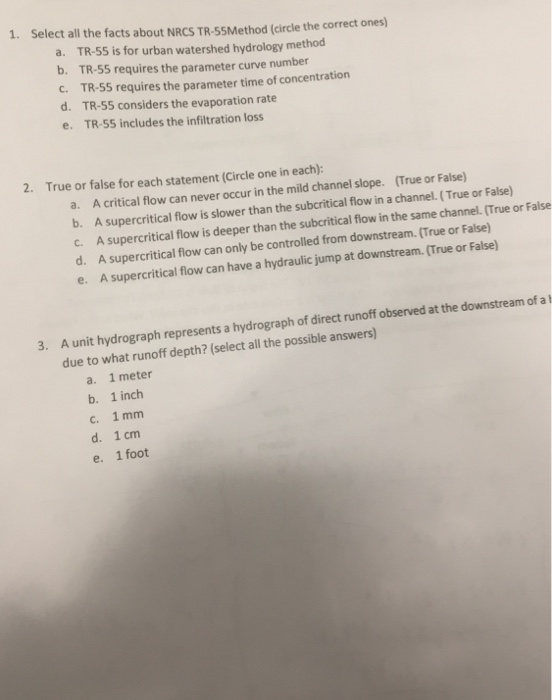 Solved 1. Select all the facts about NRCS TR-55Method | Chegg.com