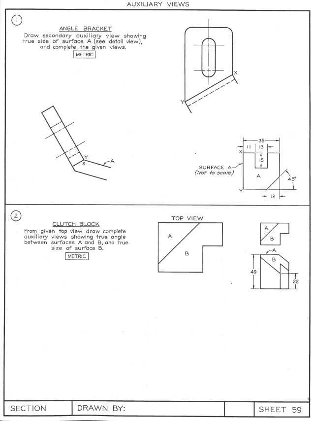 Solved AUXILIARY VIEWS ANGLE BRACKET Draw secondary | Chegg.com