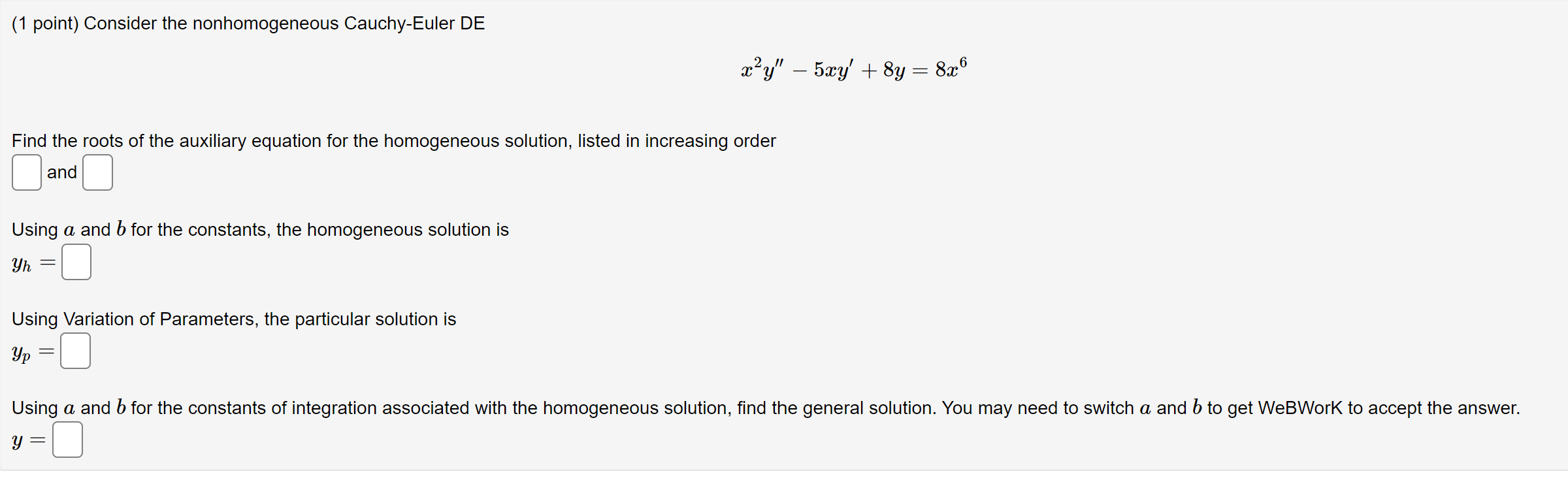 Solved (1 point) Consider the nonhomogeneous Cauchy-Euler DE | Chegg.com