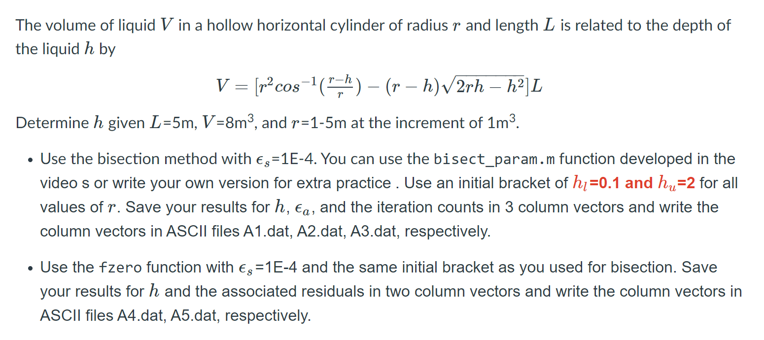 Solved The volume of liquid V in a hollow horizontal | Chegg.com